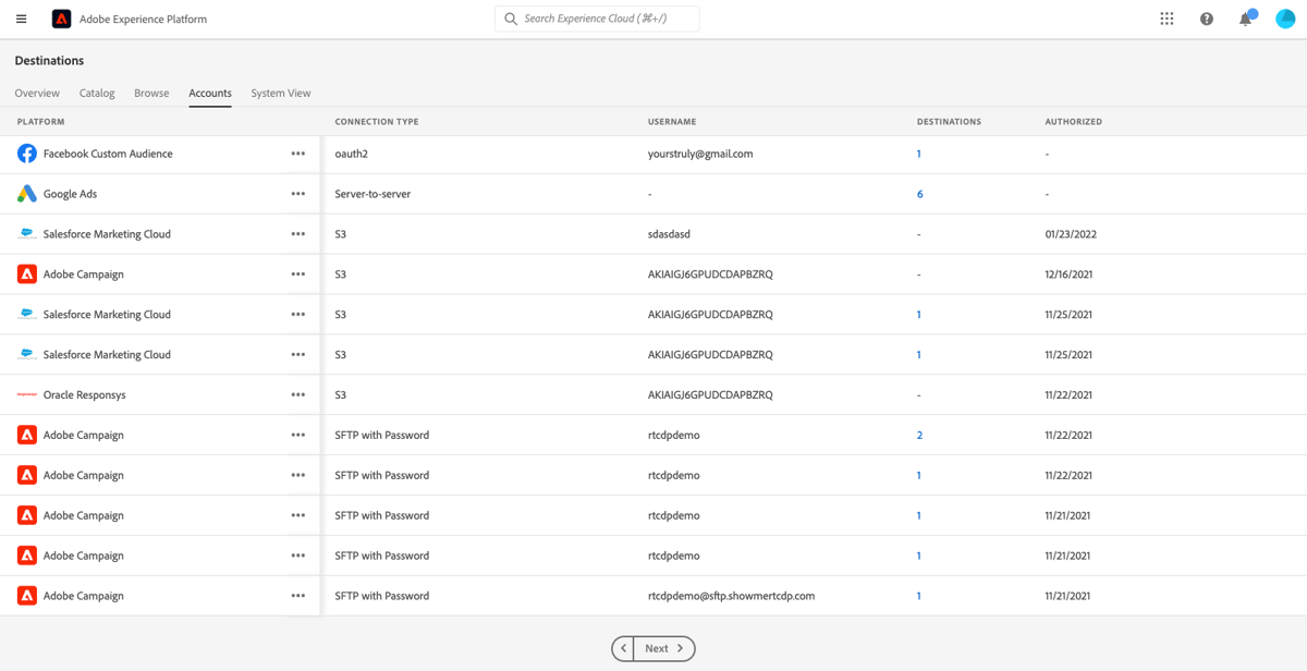 Delete destination accounts | Adobe Experience Platform