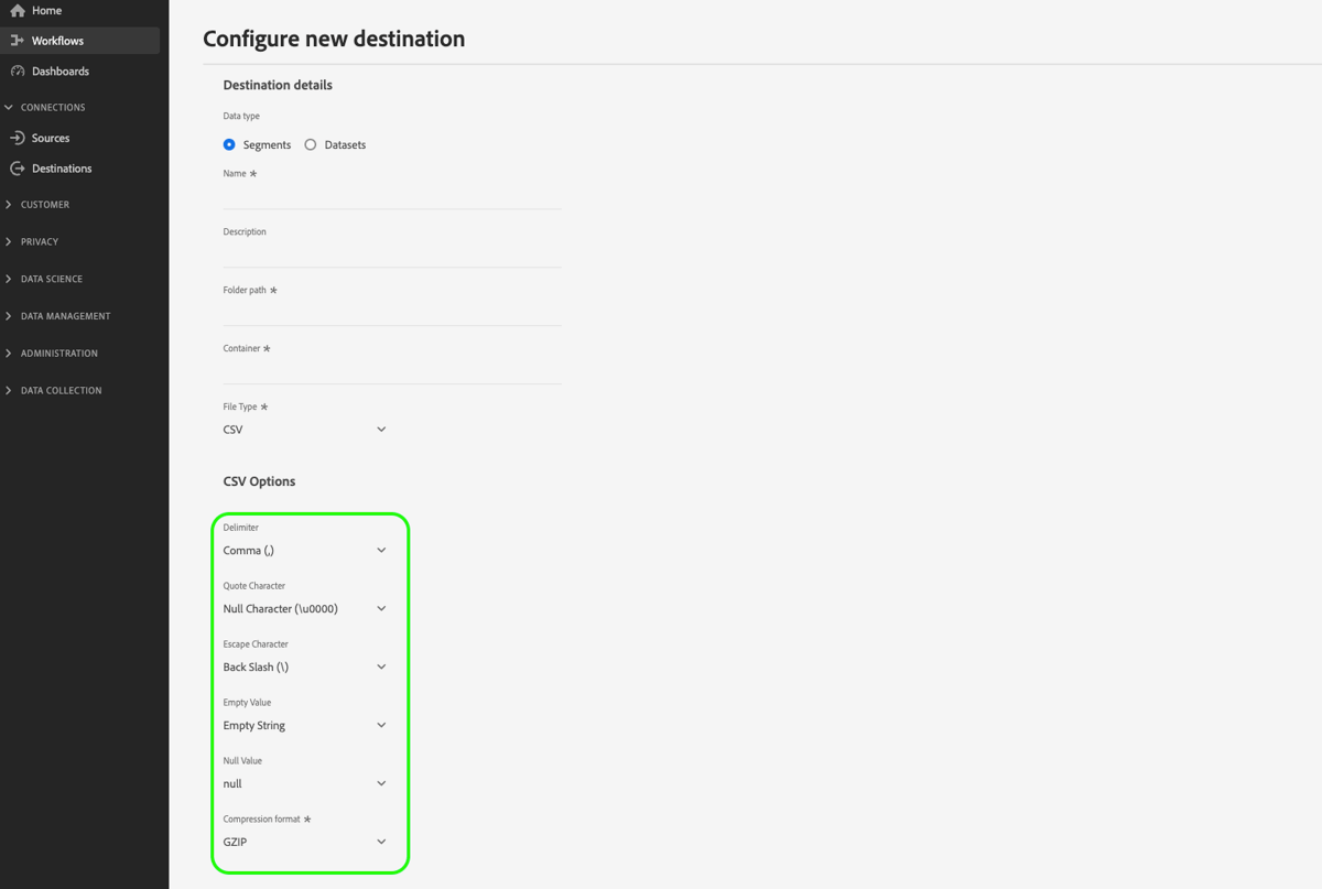 Configure file formatting options for file-based destinations | Adobe Experience Platform