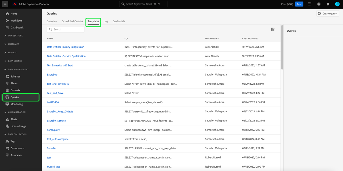 Query Templates Adobe Experience Platform