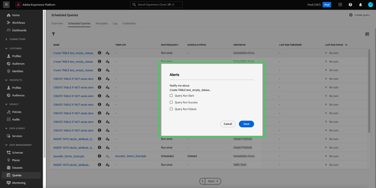 Monitor Scheduled Queries | Adobe Experience Platform