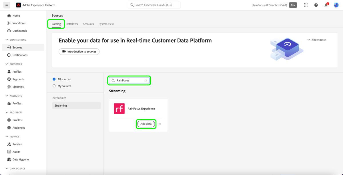 Connect Your RainFocus Account To Experience Platform Using the UI | Adobe Experience Platform