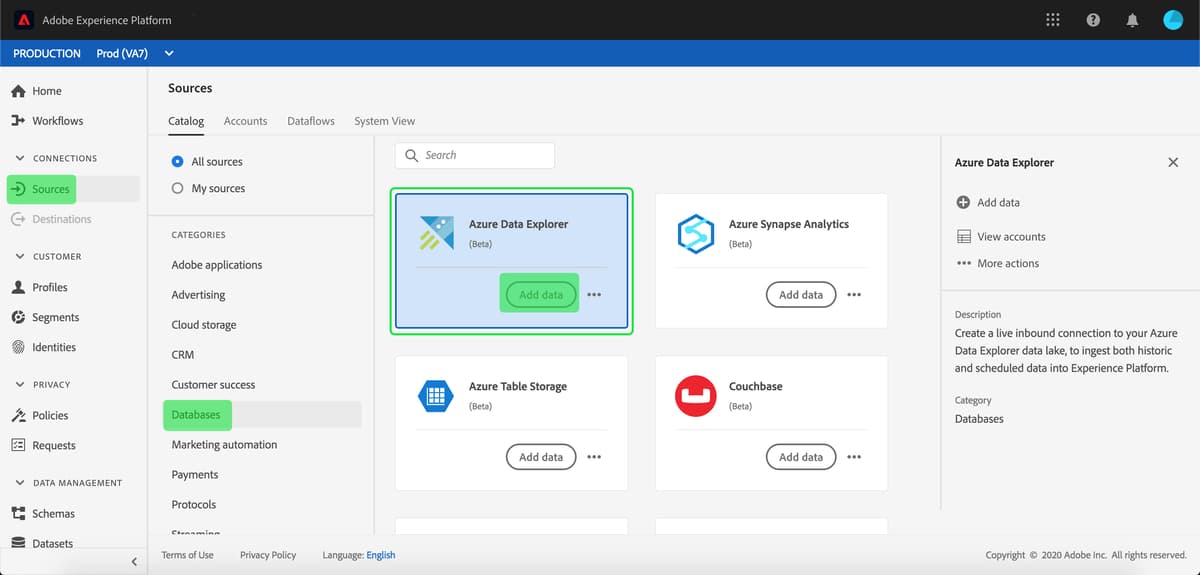 Create an Azure Data Explorer Source Connection in the UI | Adobe Experience Platform
