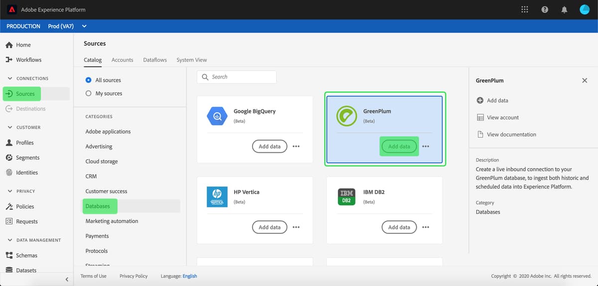 Create a GreenPlum Source Connection in the UI | Adobe Experience Platform