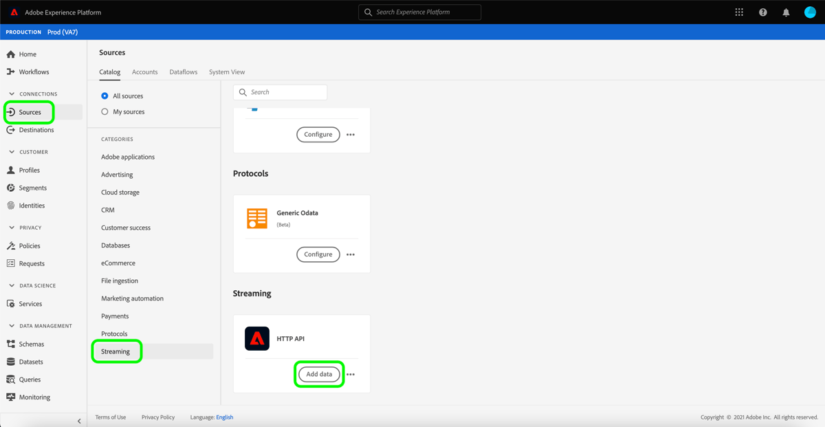 Create an HTTP API Streaming Connection Using the UI | Adobe Experience ...