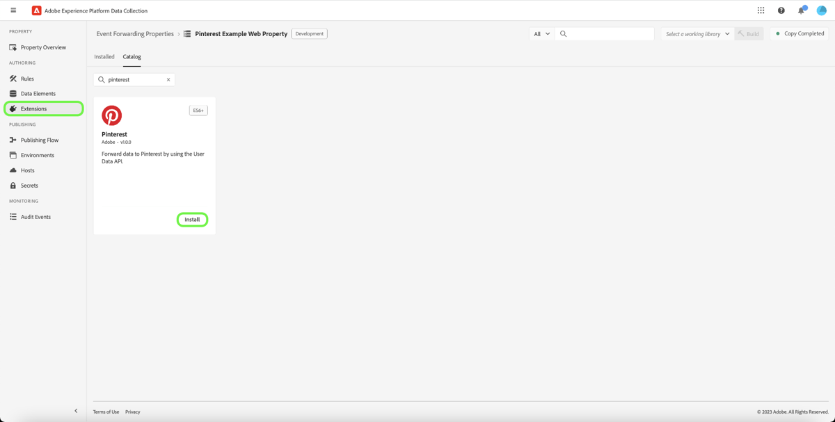 Pinterest event forwarding extension | Adobe Data Collection