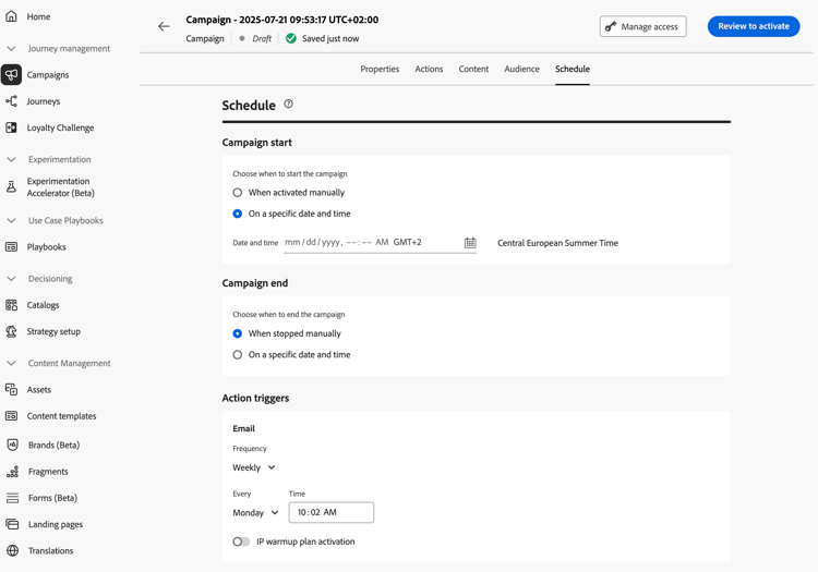 Schedule the Action campaign | Adobe Journey Optimizer