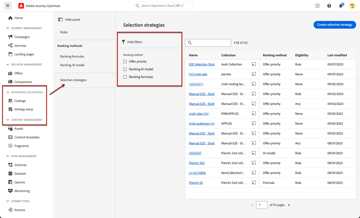 Create selection strategies | Adobe Journey Optimizer