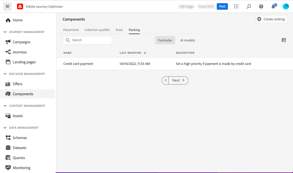 Ranking formulas | Adobe Journey Optimizer