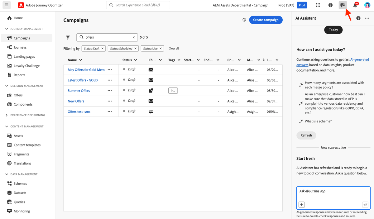 Work with the AI Assistant | Adobe Journey Optimizer