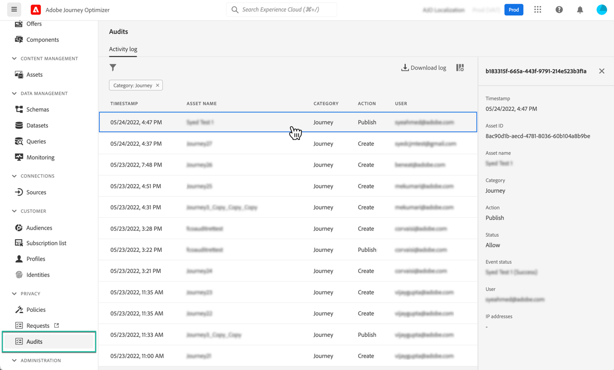 Audit actions on Journey Optimizer resources | Adobe Journey Optimizer