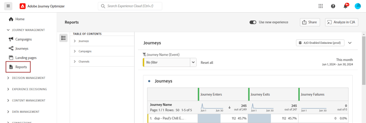 Updated reporting experience | Adobe Journey Optimizer