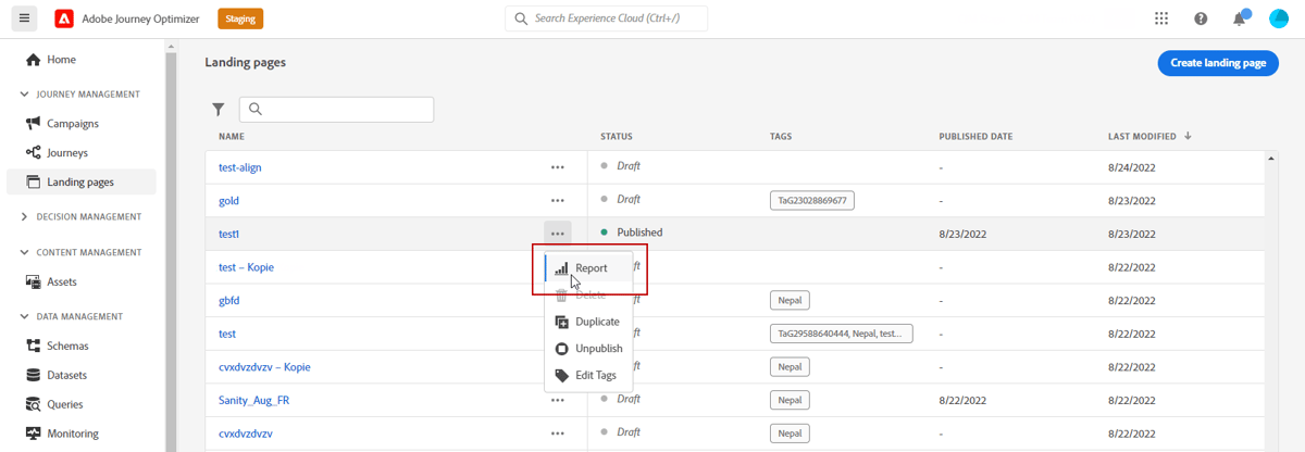 Landing page live report | Adobe Journey Optimizer