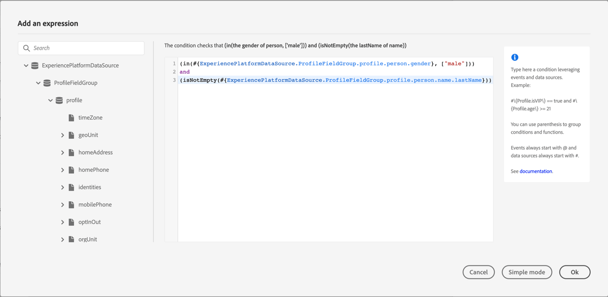 About the advanced expression editor | Adobe Journey Orchestration
