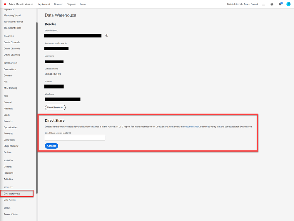 Data Warehouse Access - Direct Share | Adobe Marketo Measure