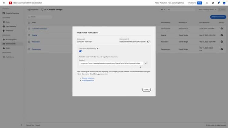 Use tag environments and embed codes | Adobe Data Collection