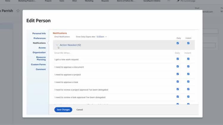 Manage In-App and Email Event Notifications | Adobe Workfront