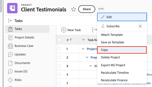 Copy an existing project | Adobe Workfront