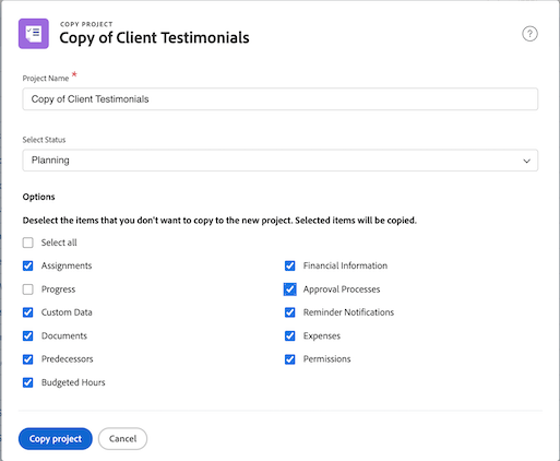 Copy an existing project | Adobe Workfront