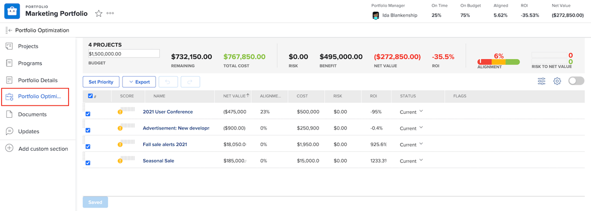 Use the Portfolio Optimizer to prioritize and manage work | Adobe Workfront