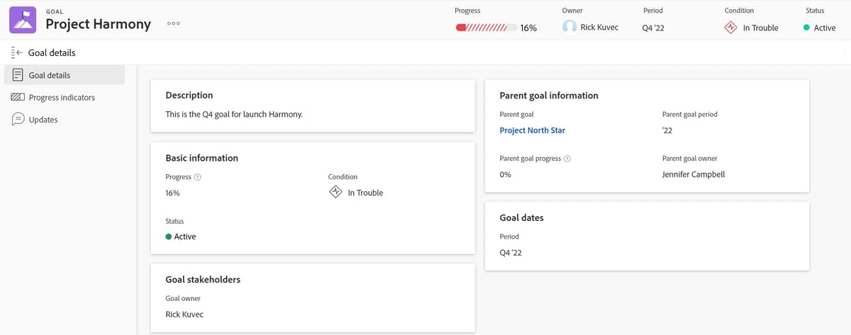 Update goals in the Goal Details panel in Adobe Workfront Goals | Adobe Workfront