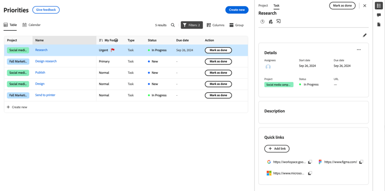 View project and task details in the Priorities worklist | Adobe Workfront