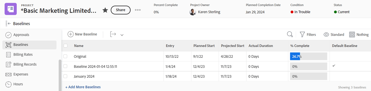 Create project baselines | Adobe Workfront