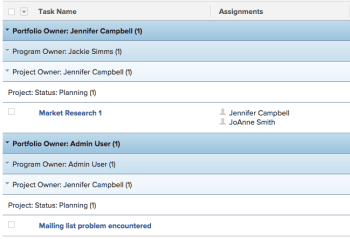 Grouping: 4-level task grouping for Portfolio Owner, Program Owner, Project Owner, and Project ...