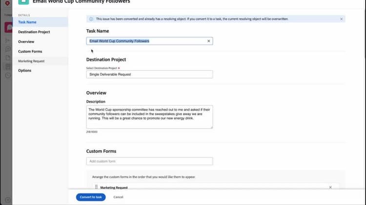 Convert an issue to a project or a task | Adobe Workfront