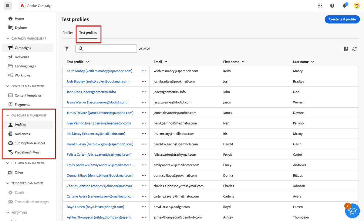 Creación de perfiles de prueba en Campaign | Adobe Campaign
