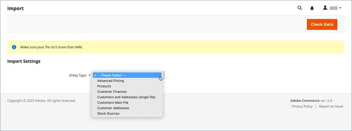 Importar datos | Adobe Commerce