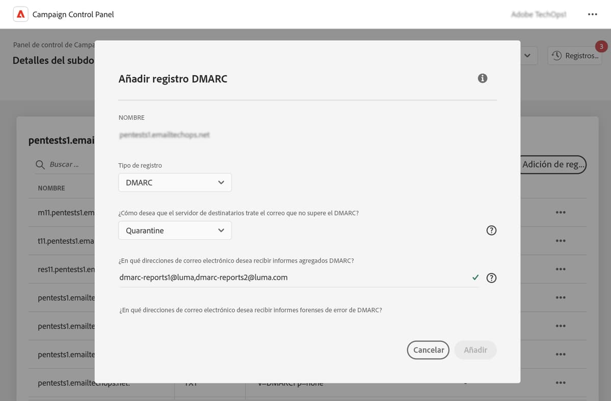 Adición de registros DMARC | Adobe Campaign