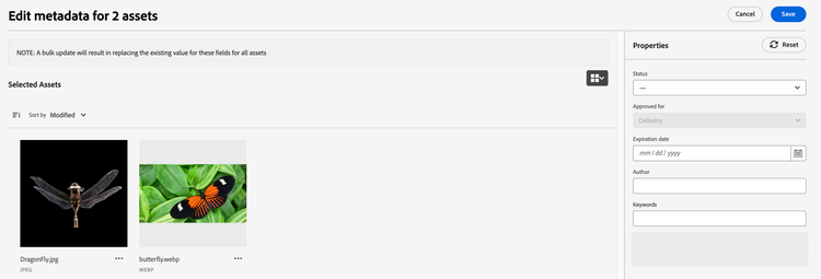 Bulk metadata edit in Assets Essentials | Adobe Experience Manager