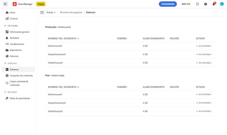 Administrar Entornos Adobe Experience Manager
