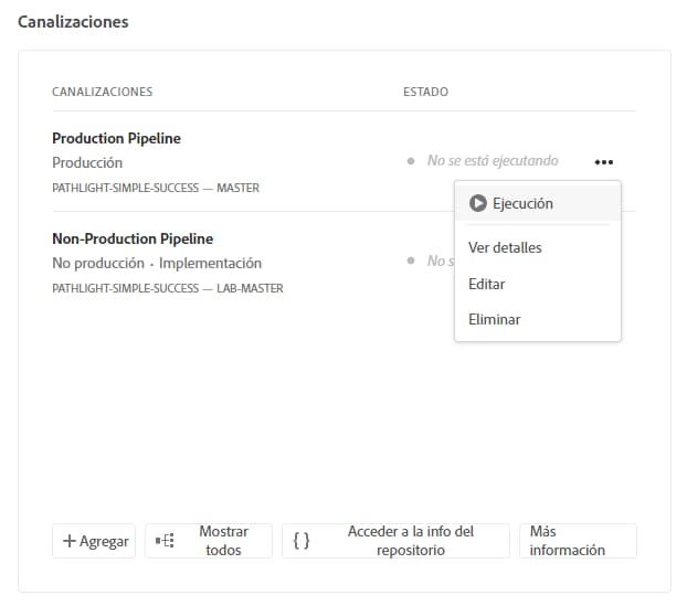 Administrar Canalizaciones Adobe Experience Manager