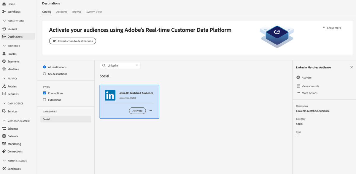 Conexión de audiencias coincidentes de Linkedin | Adobe Experience Platform
