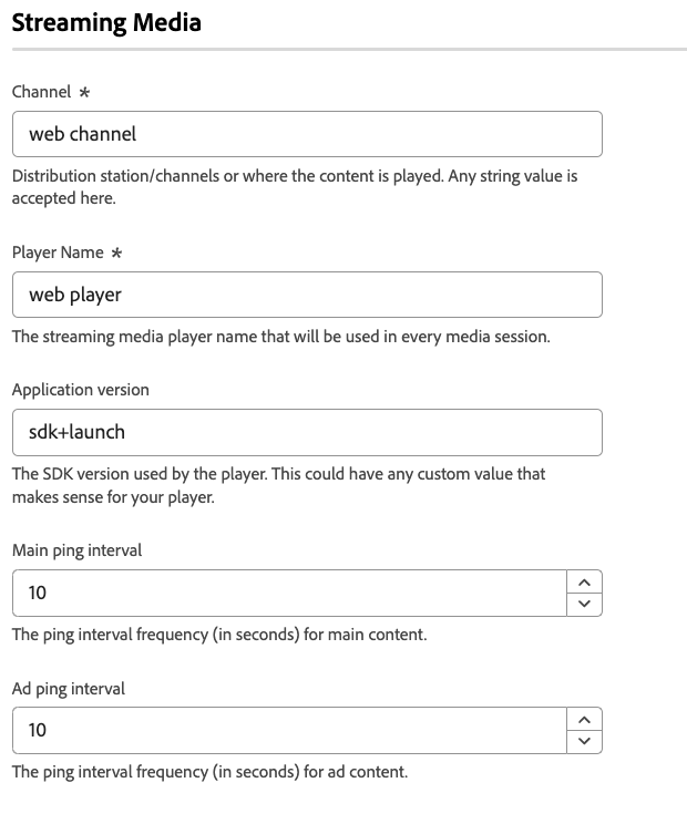 Ajustes de configuración de medios de streaming | Adobe Data Collection