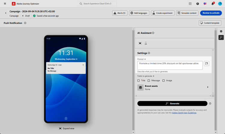 Generación push con el asistente de IA en Journey Optimizer | Adobe Journey Optimizer
