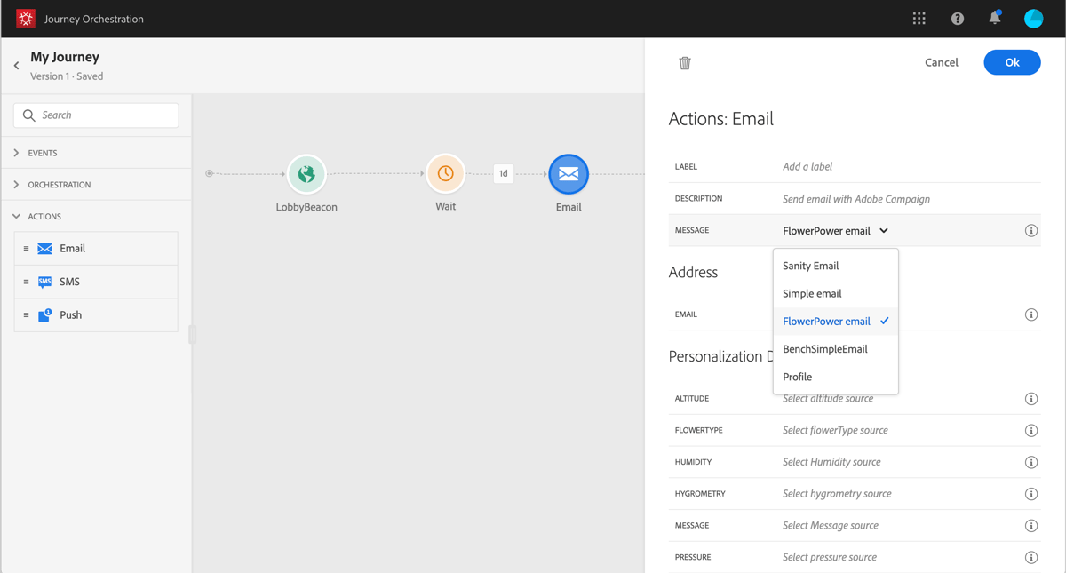Uso de acciones de Adobe Campaign | Adobe Journey Orchestration