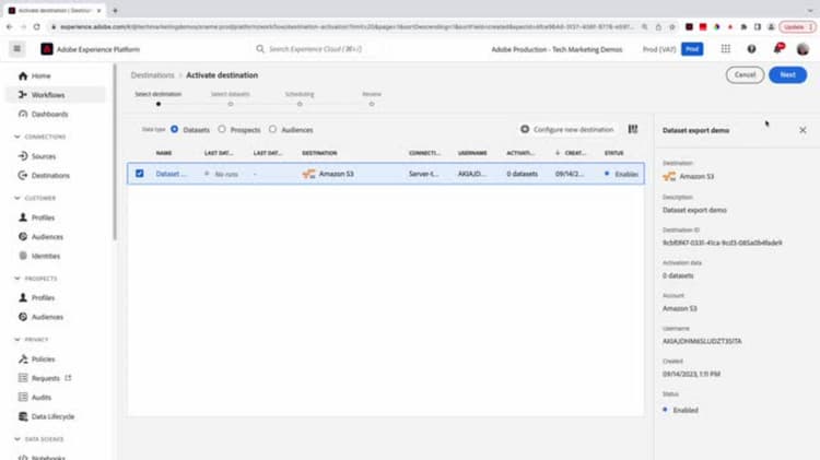 Configurar un destino de exportación de conjunto de datos en Experience ...