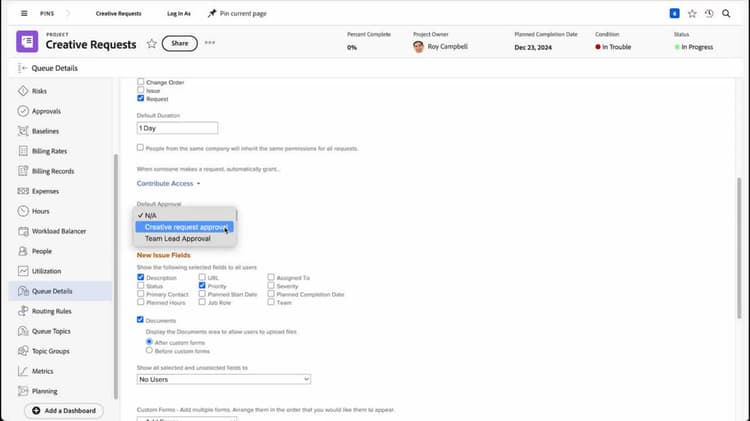 Aplicar un proceso de aprobación de problema en una cola de solicitudes | Adobe Workfront
