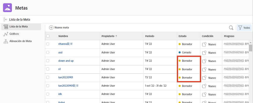 Activar metas | Adobe Workfront