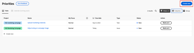 Crear una nueva tarea o problema en Prioridades | Adobe Workfront