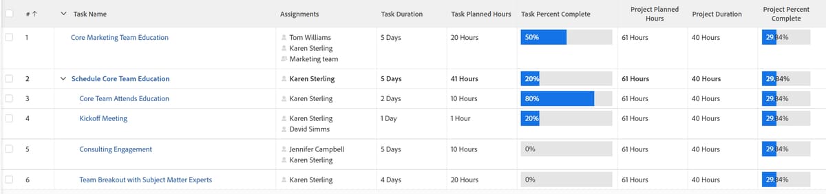 Resumen de porcentaje completado del proyecto | Adobe Workfront