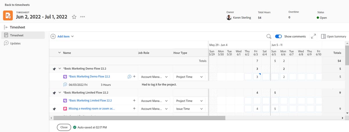 Resumen del diseño de hoja de horas | Adobe Workfront