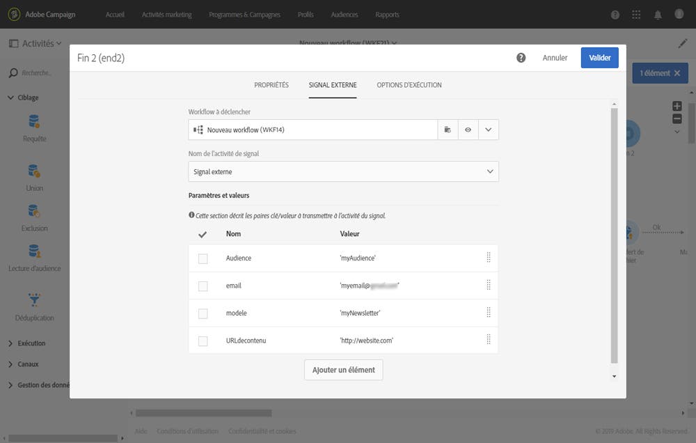 Définir les paramètres lors de l'appel du workflow | Adobe Campaign