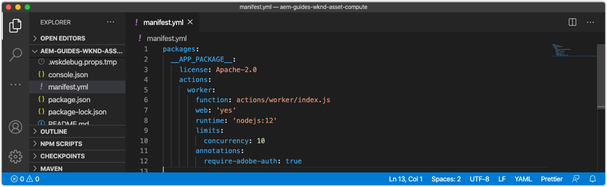 Configurer le fichier manifest.yml d’un projet Asset Compute | Adobe Experience Manager