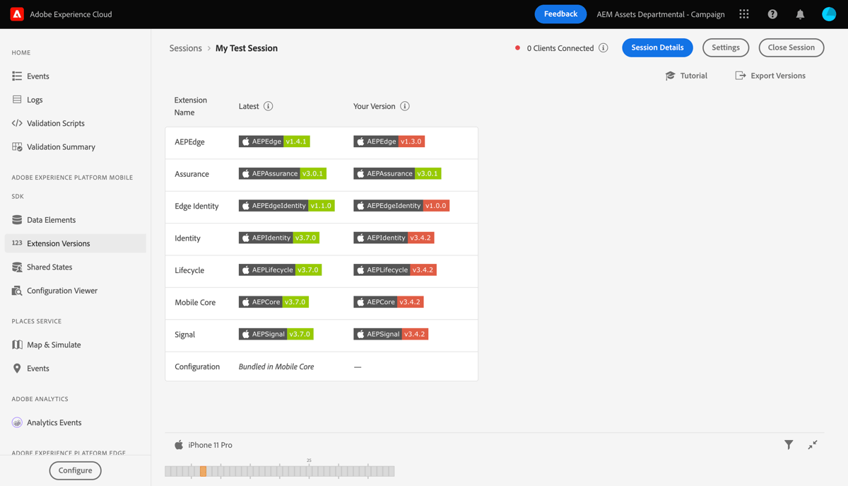 Affichage des versions des extensions | Adobe Experience Platform