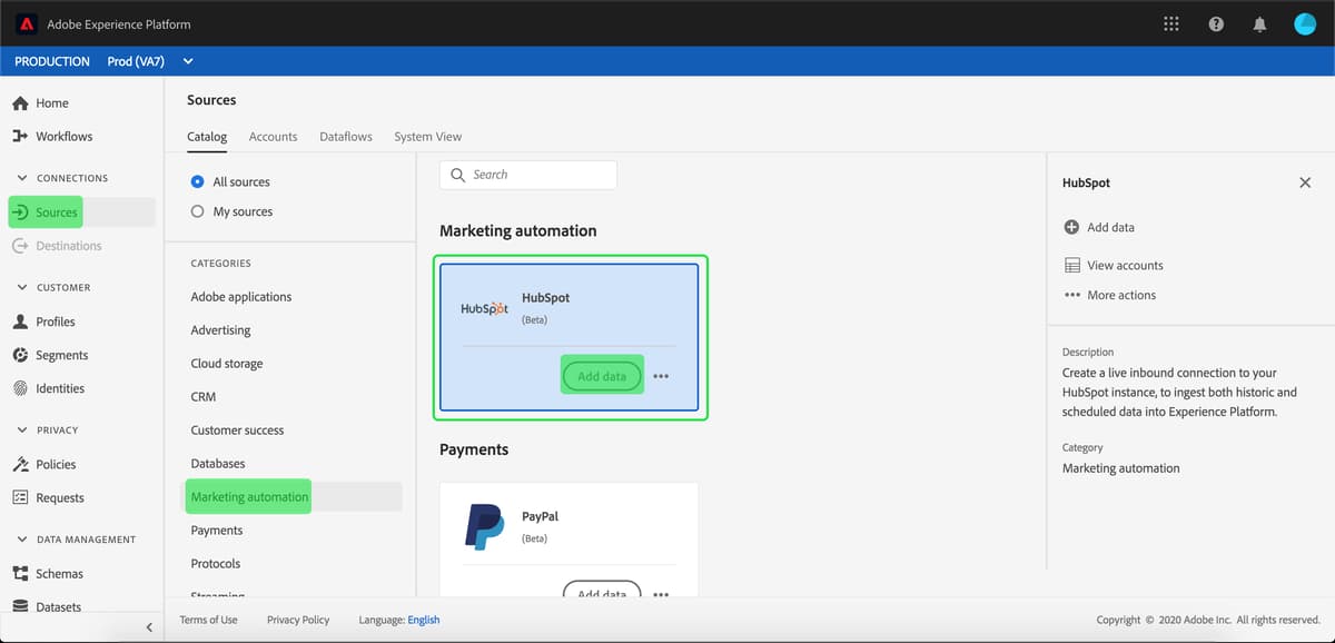 Création d’une connexion à la source HubSpot dans l’interface ...