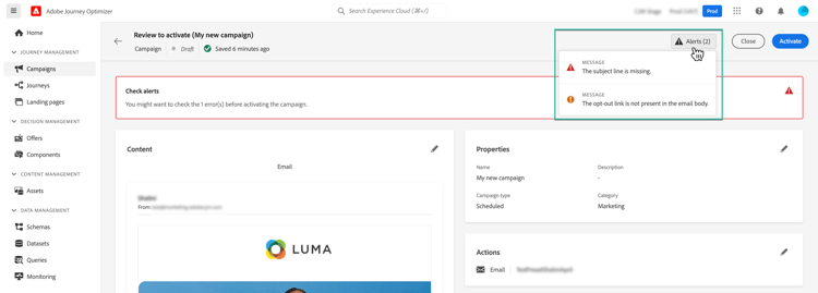 Vérification et activation d’une campagne d’action | Adobe Journey ...