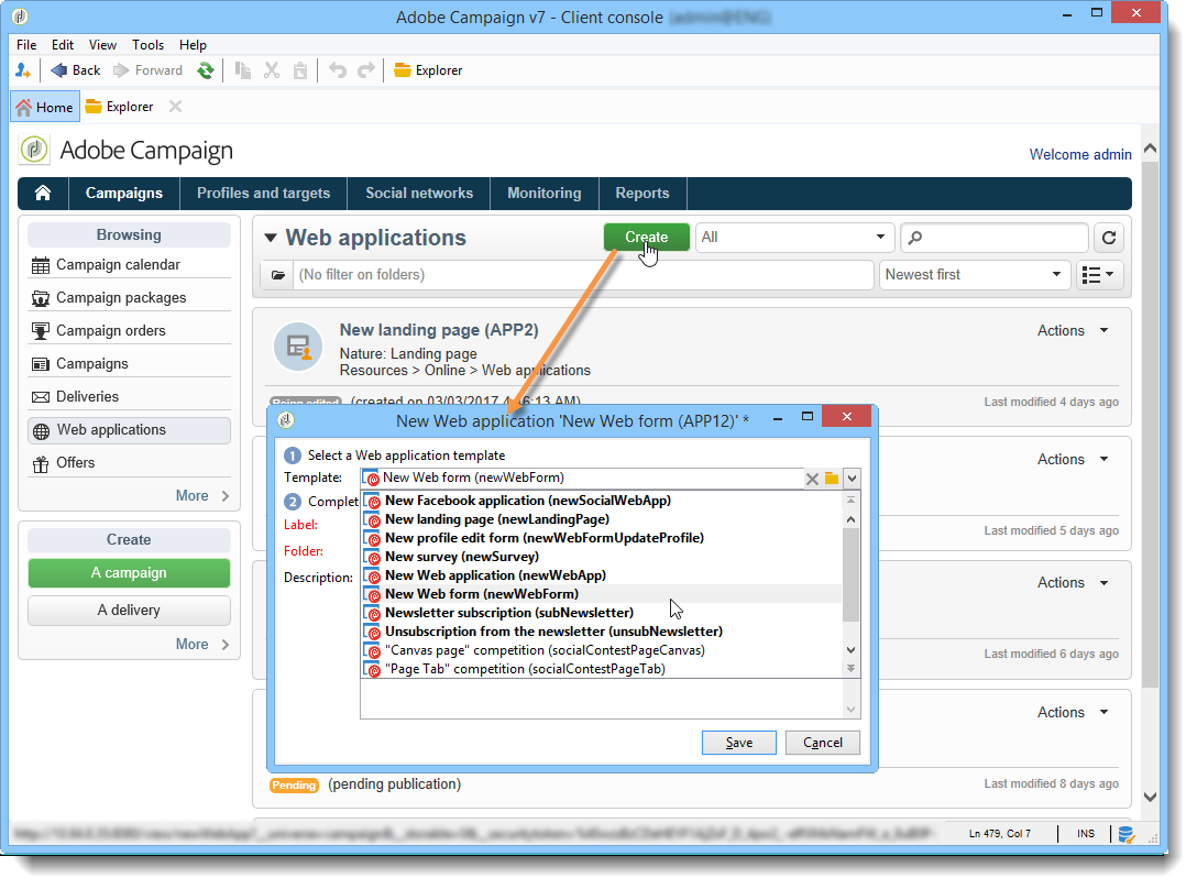 Creare una nuova applicazione web | Adobe Campaign
